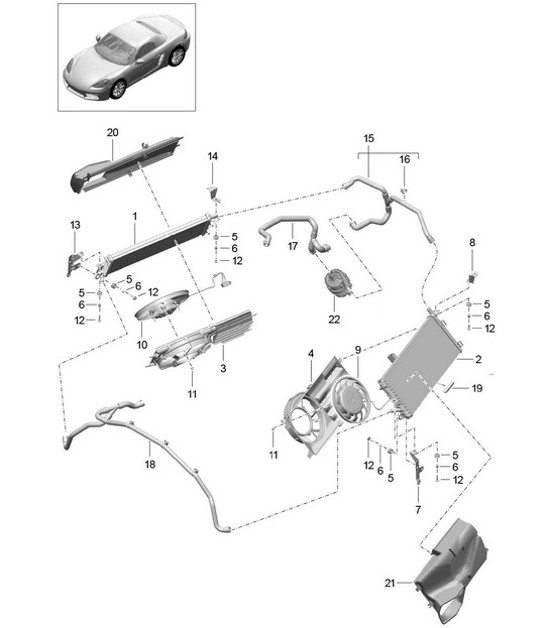 Coolant cooling system / Radiator fan / Rear end 718 (982) Boxster 2017 ...