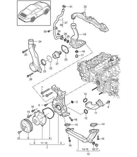 Coolant pump / Thermostat housing 997.2 Carrera 2009-12 - Porsche Parts ...