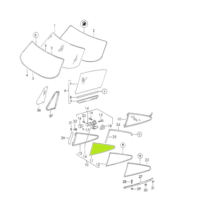 Rear 1/4 window glass, Clear. Porsche 911 1965-77 Coupe - 90154310120/1 ...