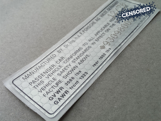 Porsche 965 VIN DOOR JAMB DECAL 91170111204 - 91170111204/1 | Design 911