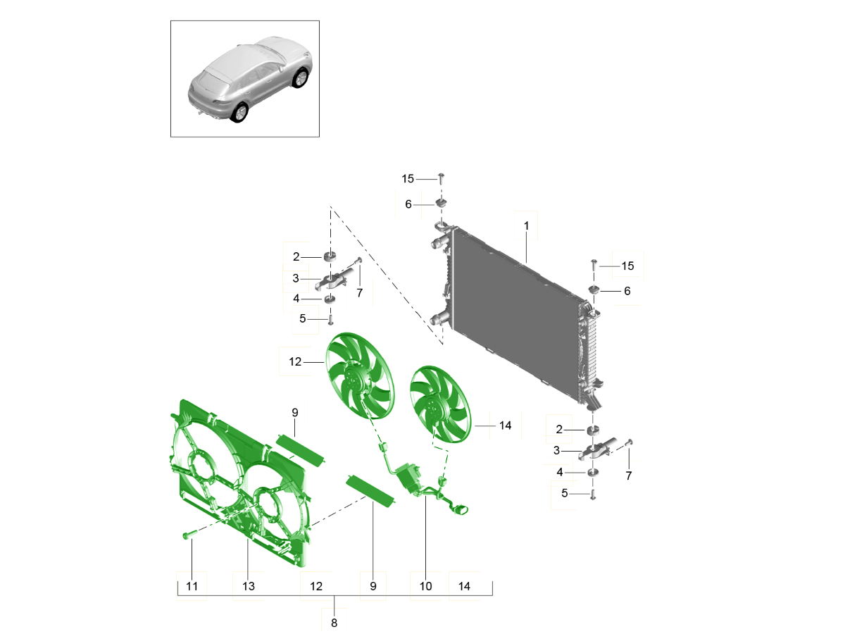 Water radiator fans with cowling. Porsche 95B Macan 2.0L 9A712100315 ...
