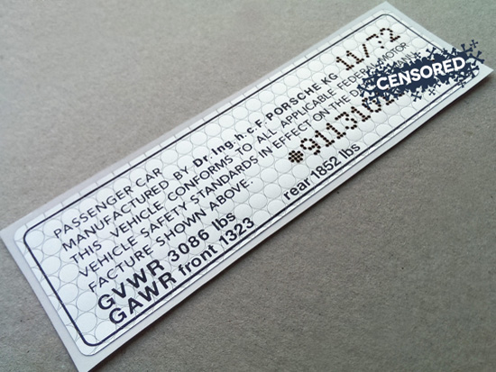 Porsche 911 Door Jam VIN Number Decal 91170111211 - 91170111211/1 ...