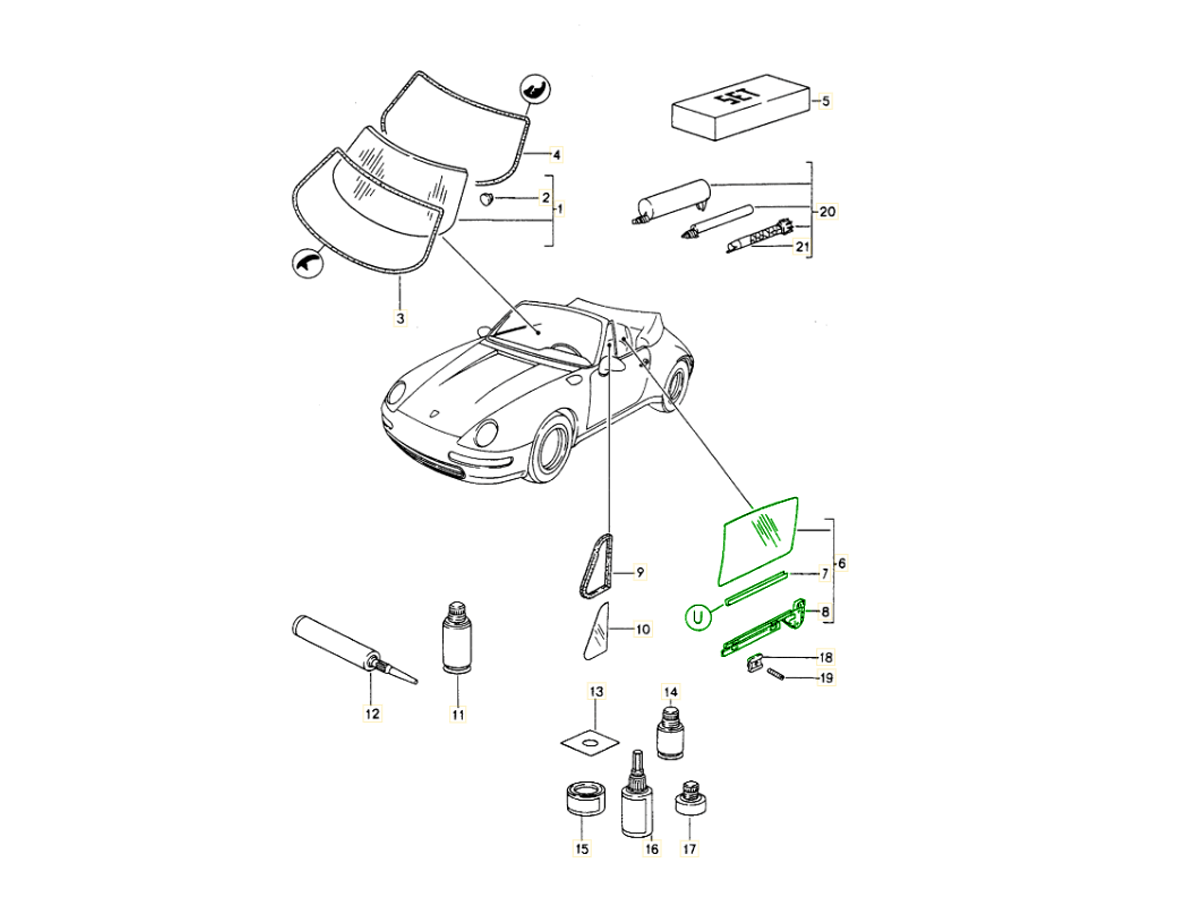 Porsche 993 Cabrio Vitre de porte avec glissière 99354201100 ...
