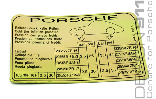 Sticker Tyre Pressure. Porsche 944 S2 / 968 1992 - 96470128723 | Design 911