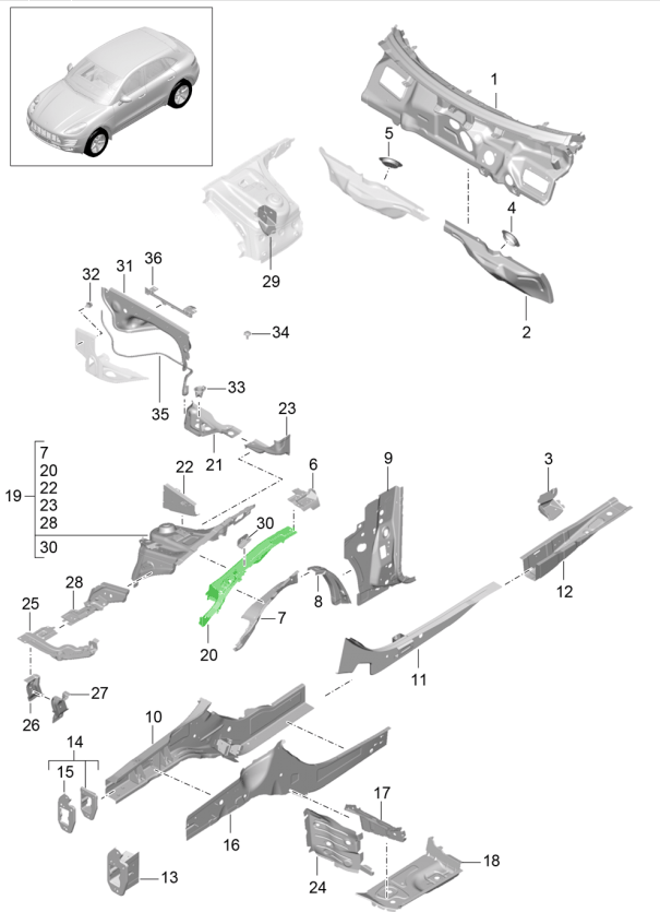 Porsche 95B Macan Front fender inner rail 95B805304AYGRV 95B805303AYGRV ...