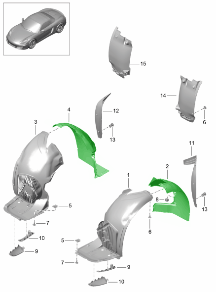Wheel Arch Liner Front - Rear Part. Porsche 981 Boxster / 981C Cayman ...