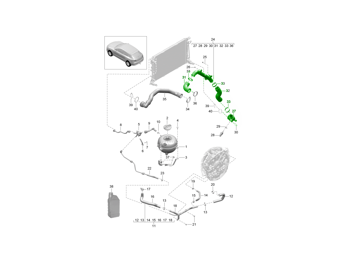 Radiator coolant bottom hose. Porsche 95B.1 Macan S Petrol / GTS ...