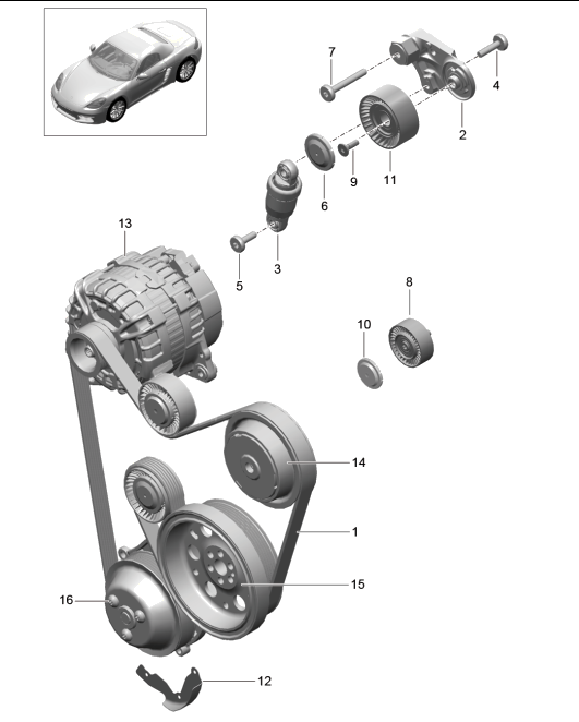 Drive belt tensioner lever, pulley & Belt. Porsche 718 Boxster / Cayman ...