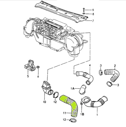 Air hose to heater box, Porsche 964 96457252701 96457252801 ...