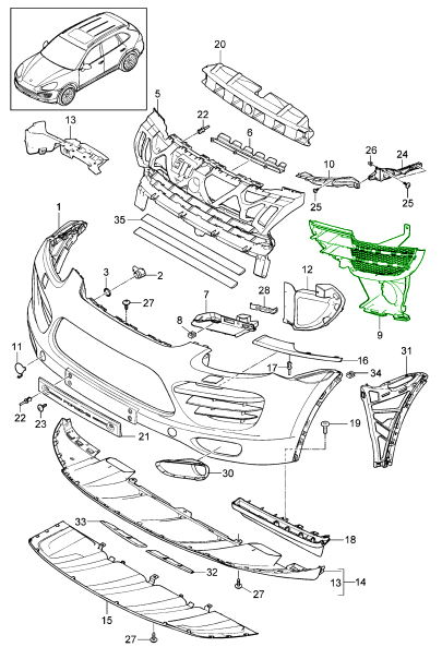 Front Bumper Grille. Porsche 958 Cayenne Turbo 95850568111 95850568211 ...