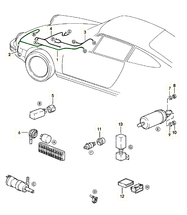 Headlight washer system harness. Porsche 911 80-86 91161207601 ...
