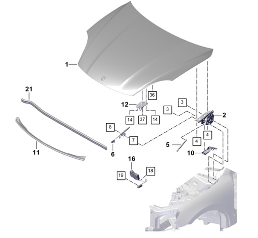 Front bonnet damper. Porsche 9YA Cayenne - 9Y0823359/2 | Design 911