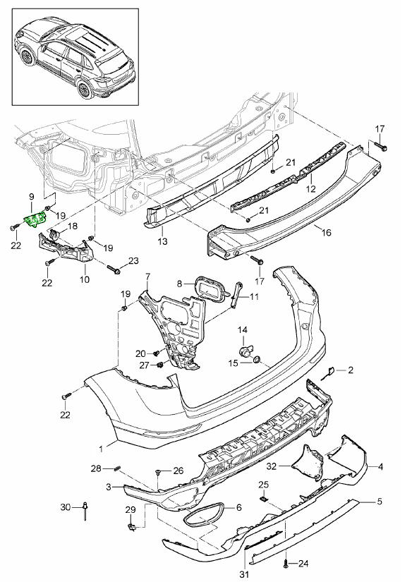 Porsche 958 Cayenne Rear bumper inner bracket guide 95850548311 ...