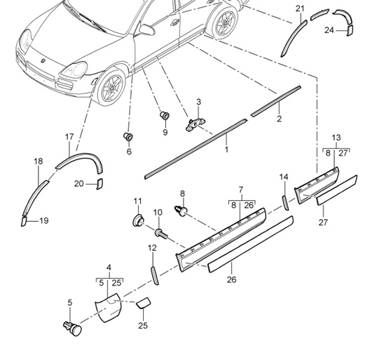 Trim front door lower moulding. Porsche 955 Cayenne - 955559189009B9 ...