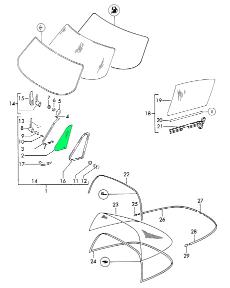 Porsche 911 Front 1/4 Window Glass Clear 90154250145 90154250245 ...
