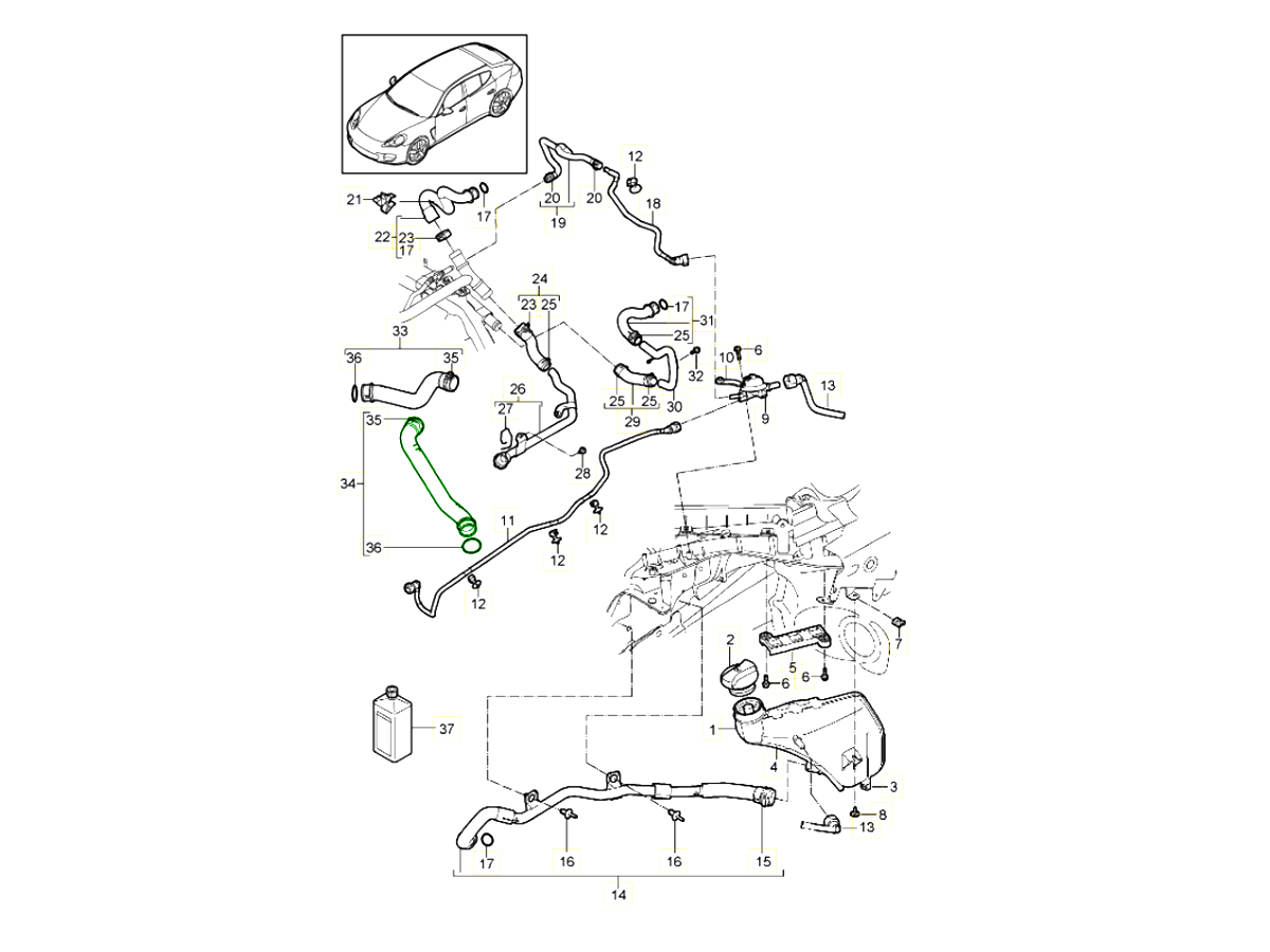 Porsche 970 Panamera 4.8L Water coolant hose return 97010640102 ...