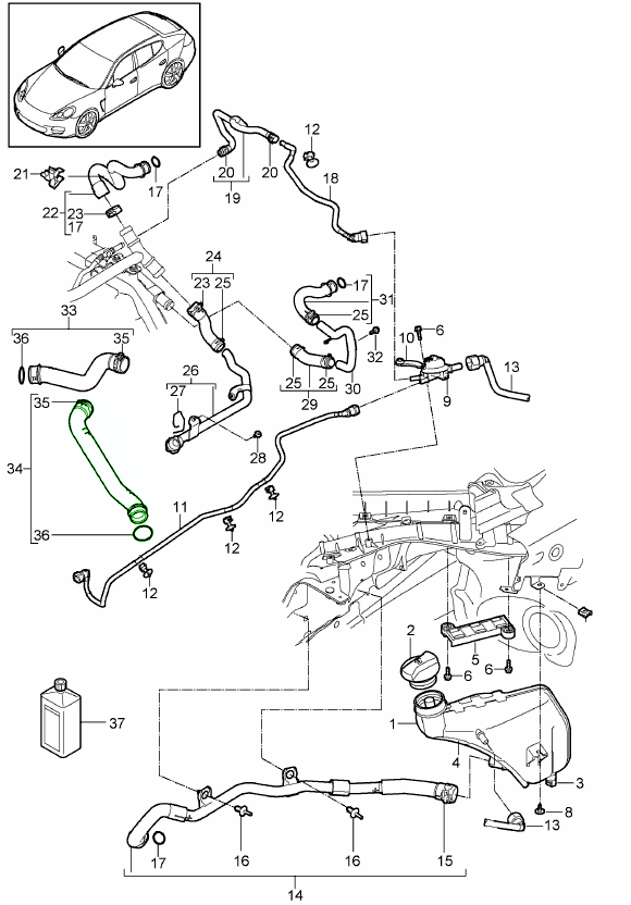 Porsche 970 Panamera 3.6L Water hose return 97010650101 - 97010650101/1 ...